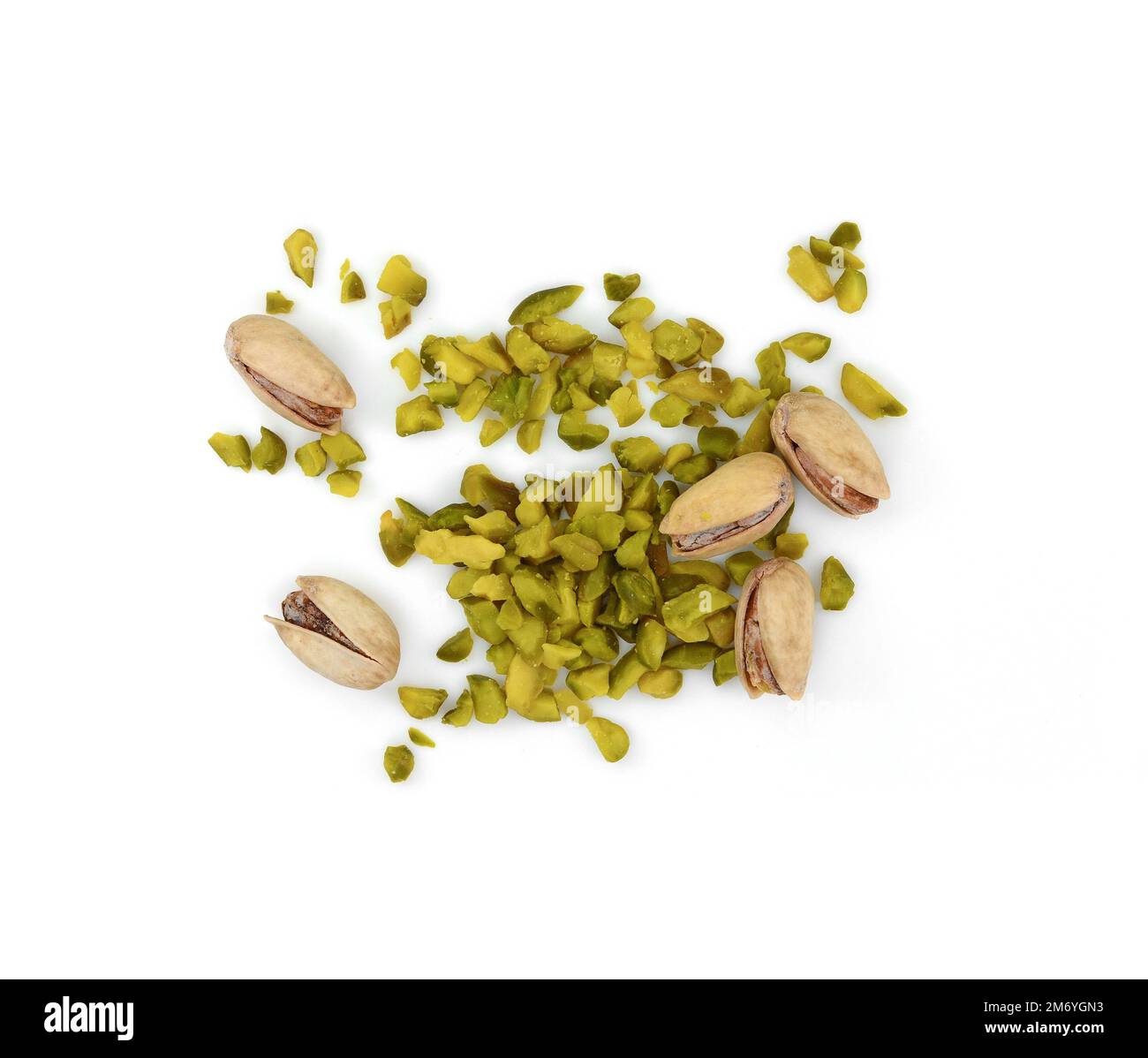 Ground, milled, crushed or granulated pistachio pile isolated on white ...