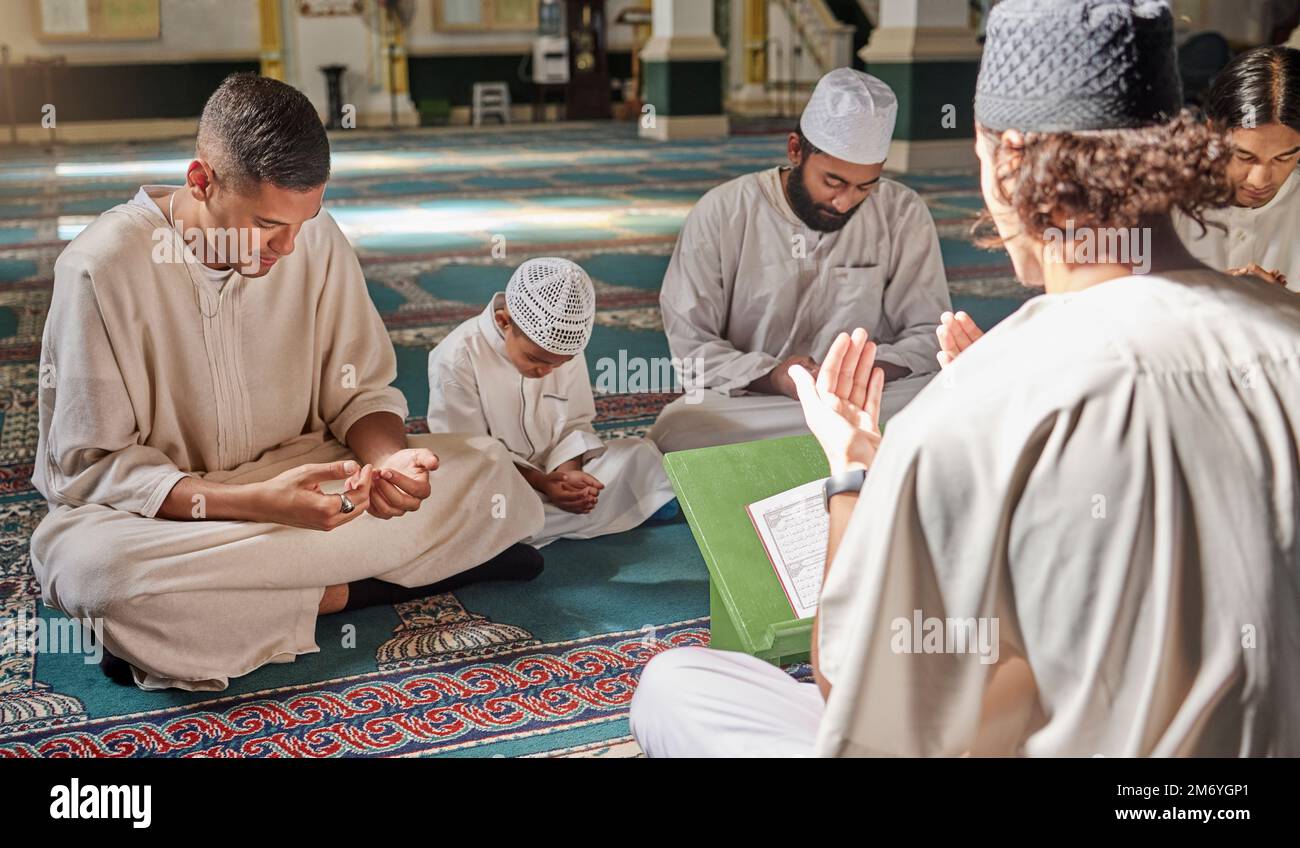 Muslim, child or men prayer to worship Allah in holy temple or mosque ...