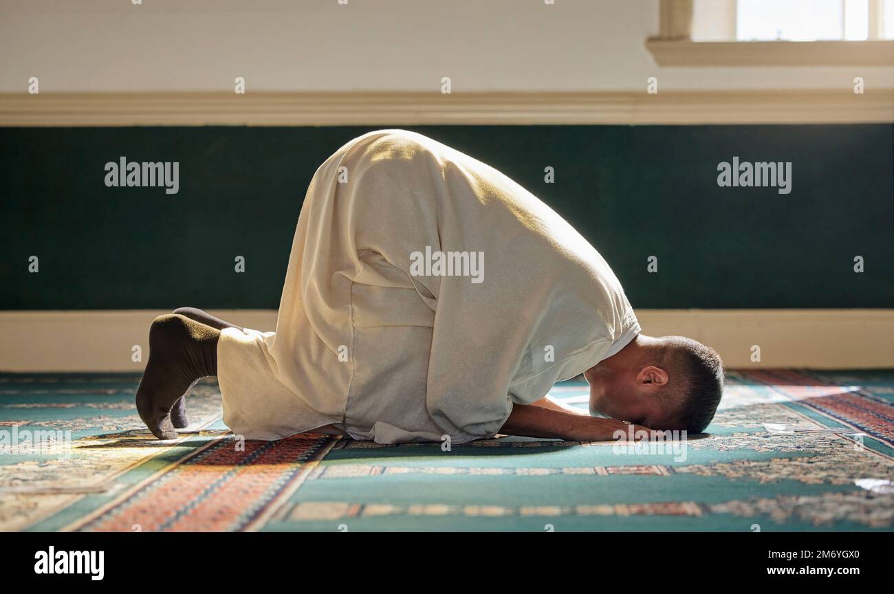 Islam, religion and prayer of a muslim man at mosque in ramadan for ...