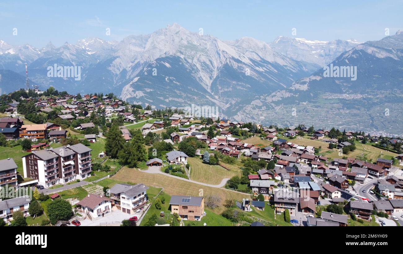 Swiss Alps in Sion area, aerial footage taken by a drone during warm ...
