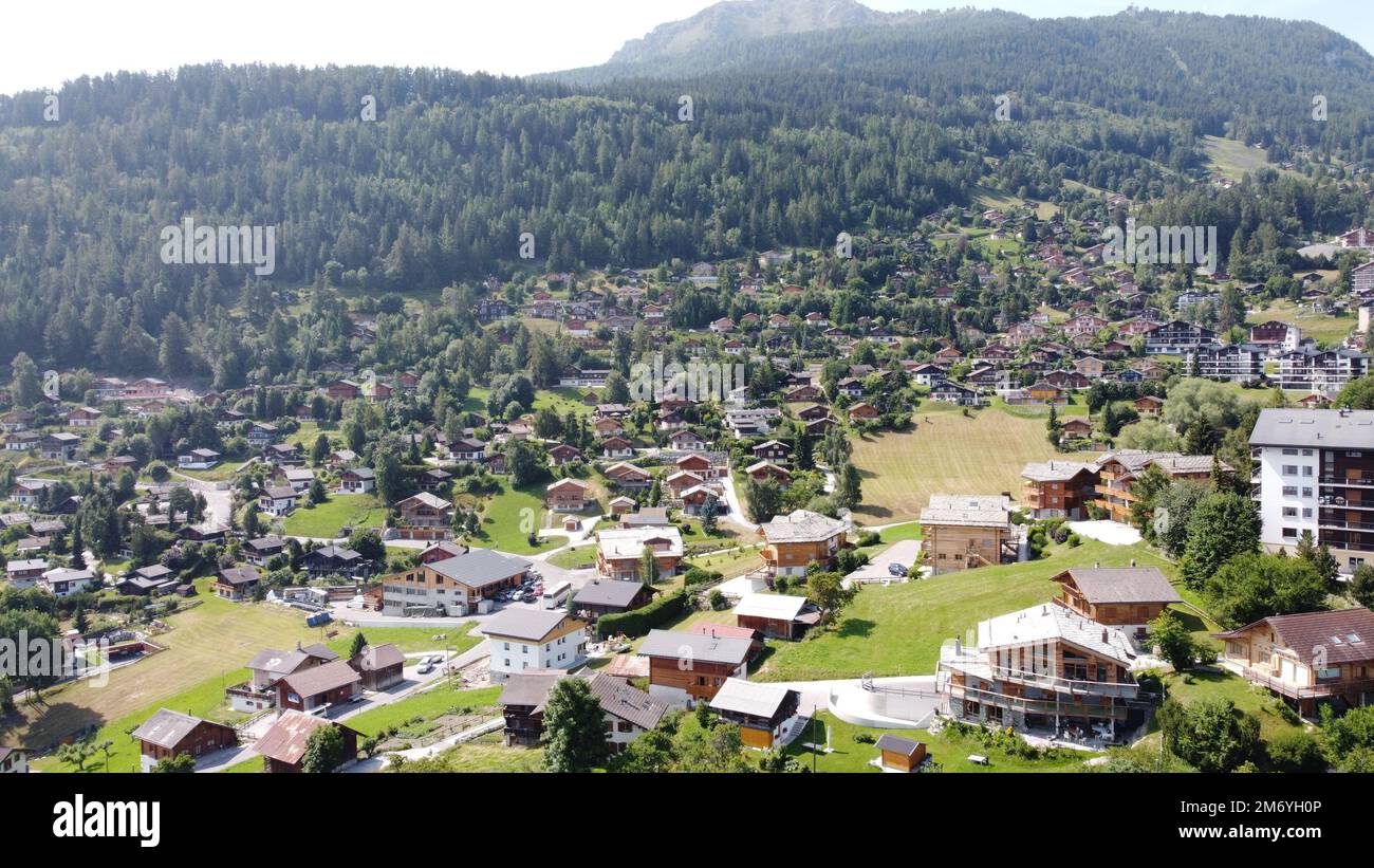 Swiss Alps in Sion area, aerial footage taken by a drone during warm ...