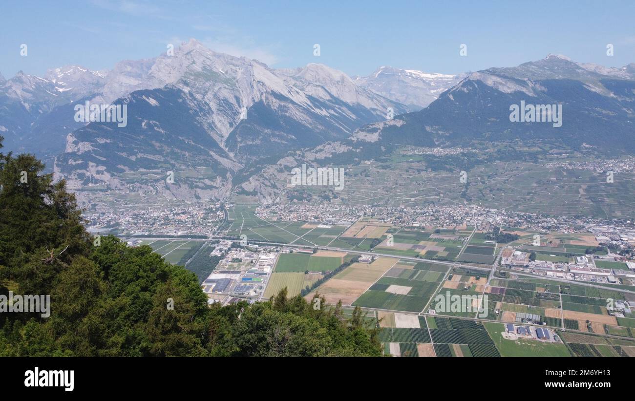 Swiss Alps in Sion area, aerial footage taken by a drone during warm ...