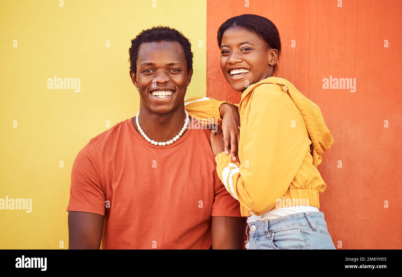 Black couple, youth and fashion with gen z, hug and together with color ...