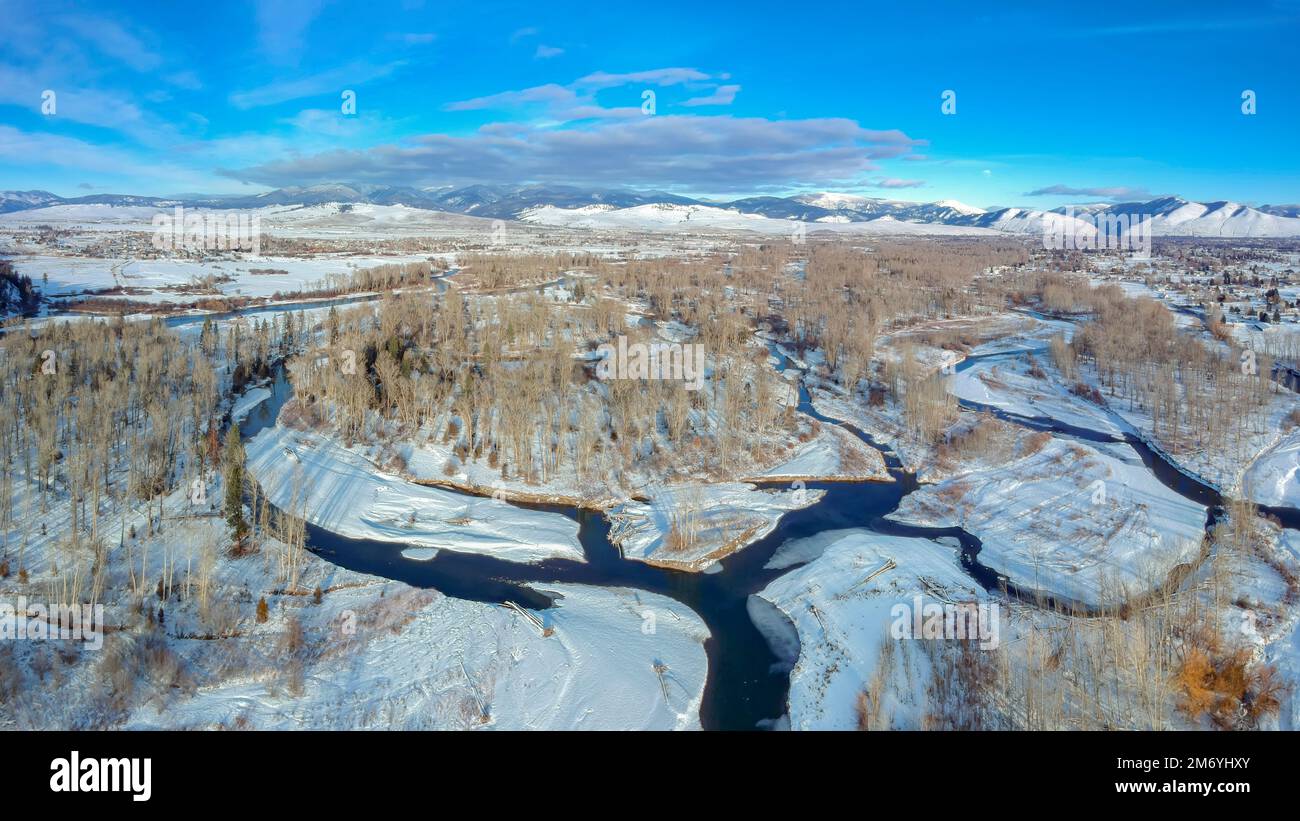 An aerial view of Clark fork Confluence landscape in Missoula, Montana ...