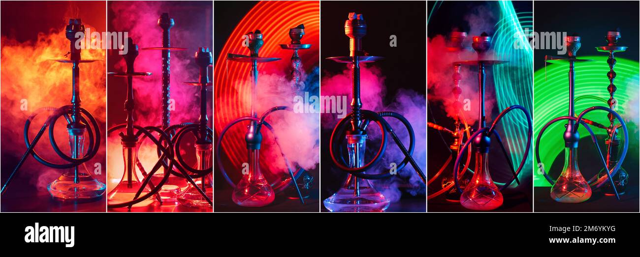 Collage of many different hookahs with smoke and coals with neon light ...