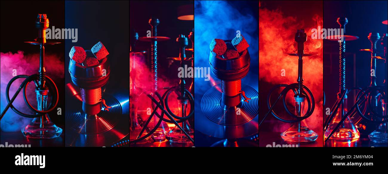 Collage of many different hookahs shisha with smoke and coals with neon ...