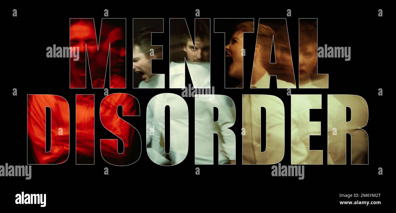 concept of mental disorders. Collage of inscriptions from blurred ...