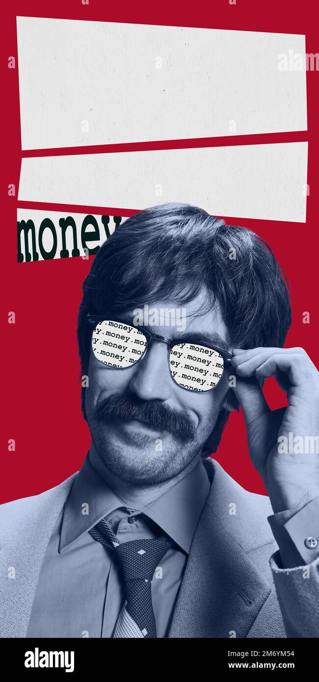 Rich happy man wearing eyewear with words money. Contemporary art ...