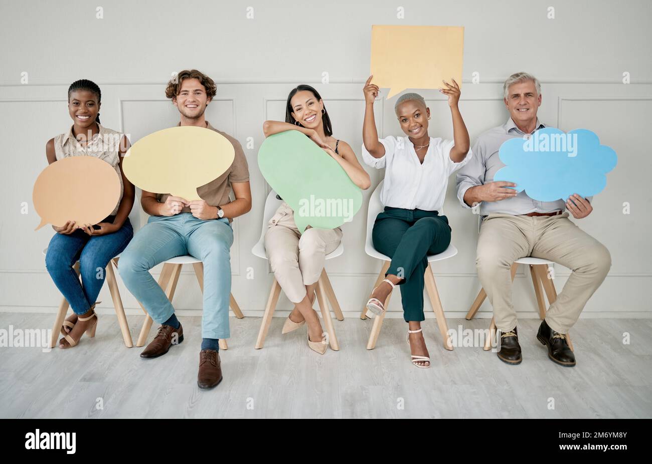 Business people, queue and interview with speech bubble, mockup vote ...