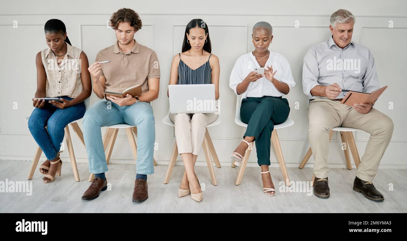 Hiring, human resources or people in a waiting room for a marketing job ...