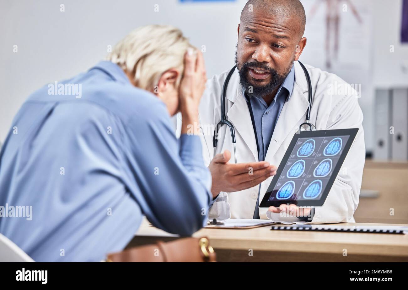 Healthcare, brain scan on tablet and doctor with woman depressed, sad and worried about medical ...