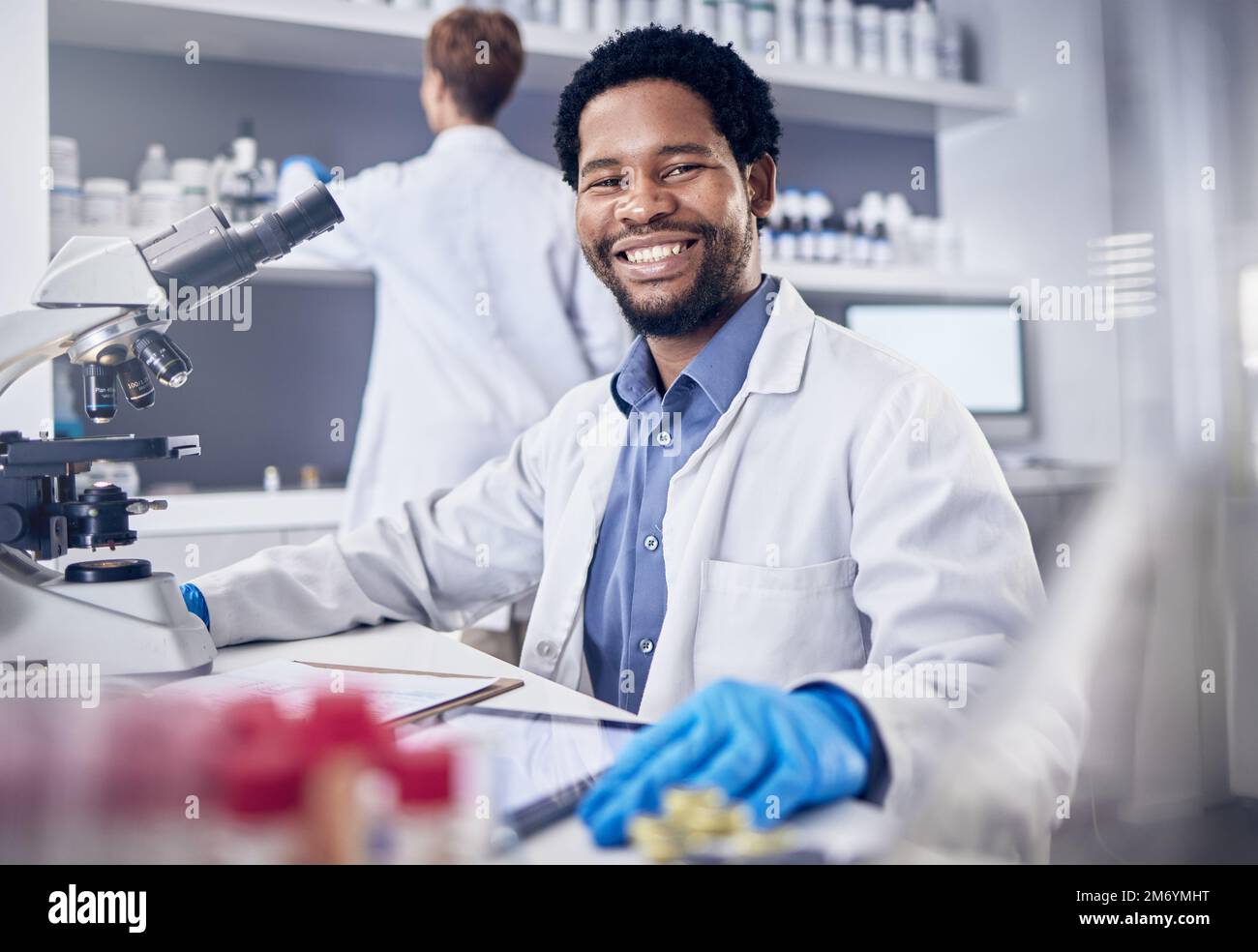 Portrait, scientist or black man with research in laboratory, tablet or ...