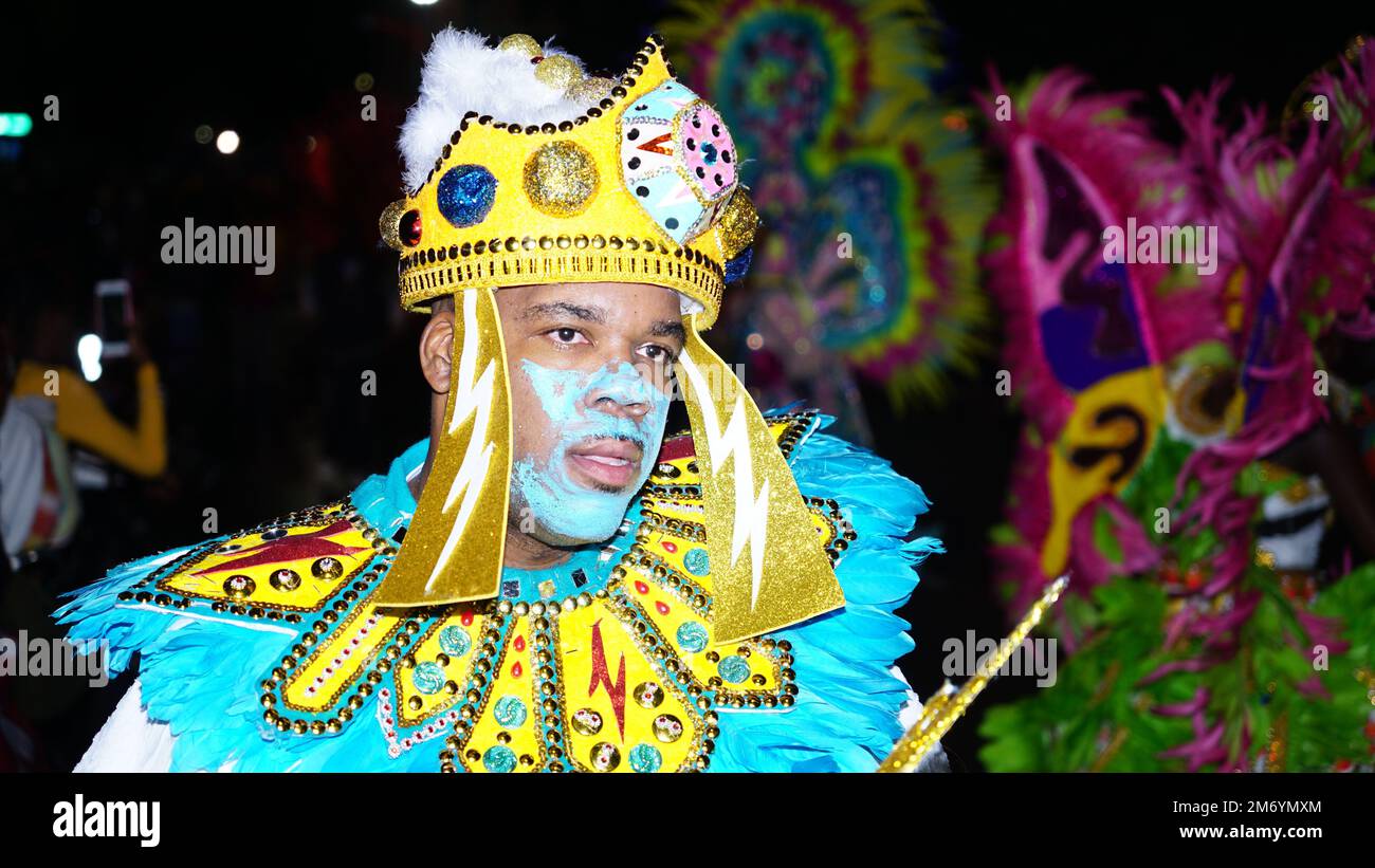 A man in a traditional costume during a Junkanoo parade in the Bahamas ...