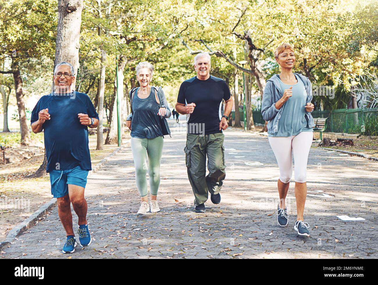 Fitness, running and senior people in park for healthy lifestyle, body ...