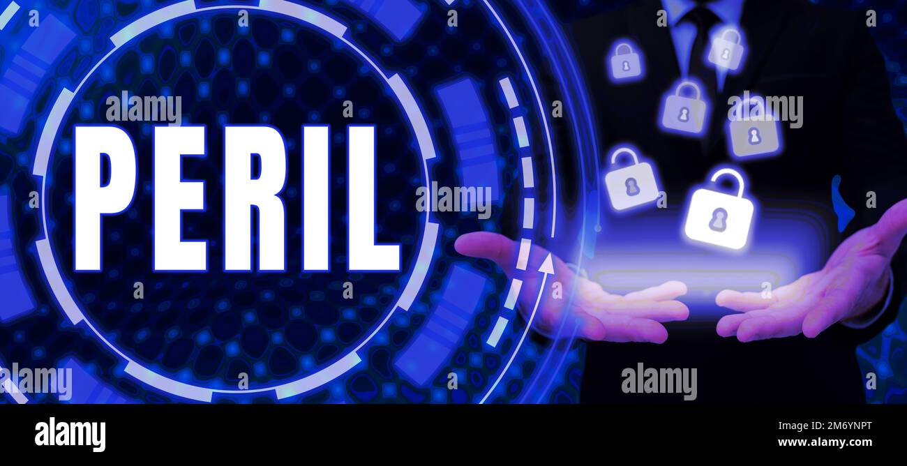 Sign displaying Peril. Word Written on indicates something extremely ...