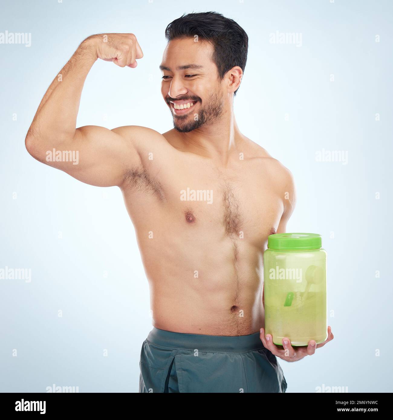 Fitness, man and protein powder for muscle gain, diet and weight loss ...