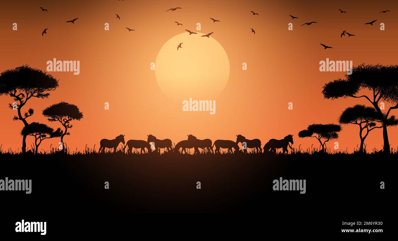 African savanna animals at sunset. Silhouettes of wild animals of the ...
