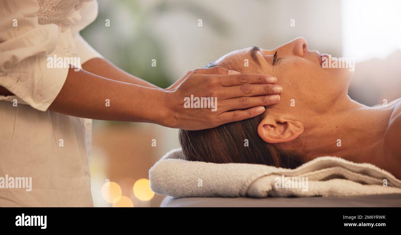 Woman, relax and hands for scalp massage in salon beauty spa for ...