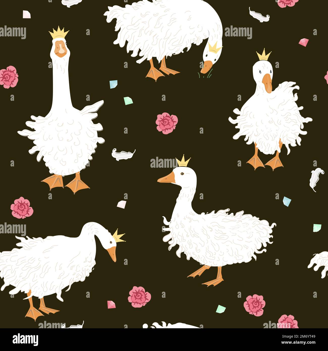 Cute seamless pattern with Sebastopol goose in crowns, diamonds, and ...