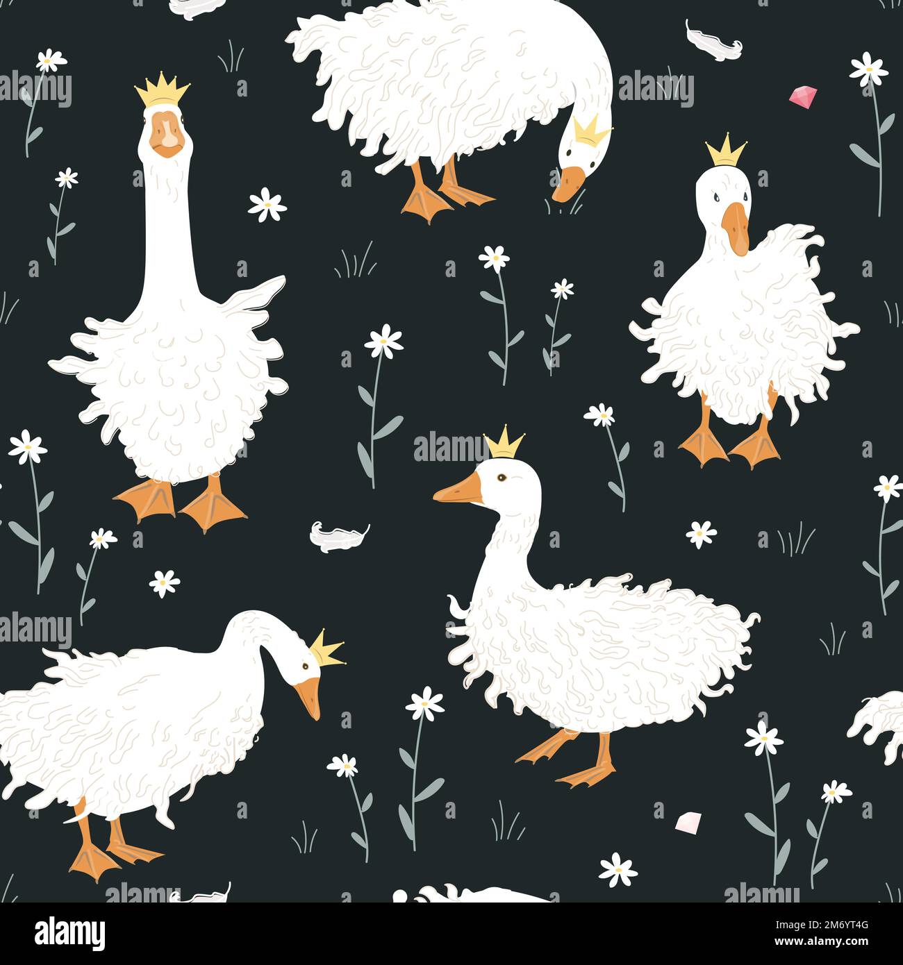 Cute seamless pattern with Sebastopol goose in crowns, diamonds, and ...