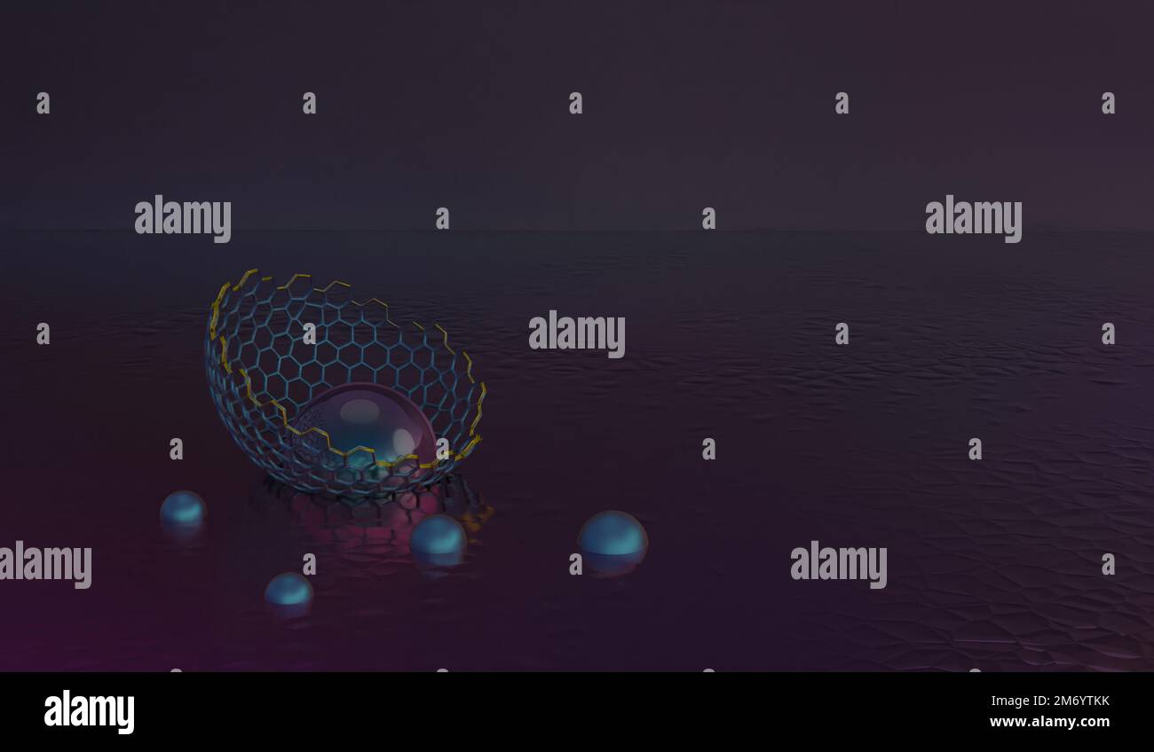 3d illustration of an abstract scene, a metallic sphere in a semi ...