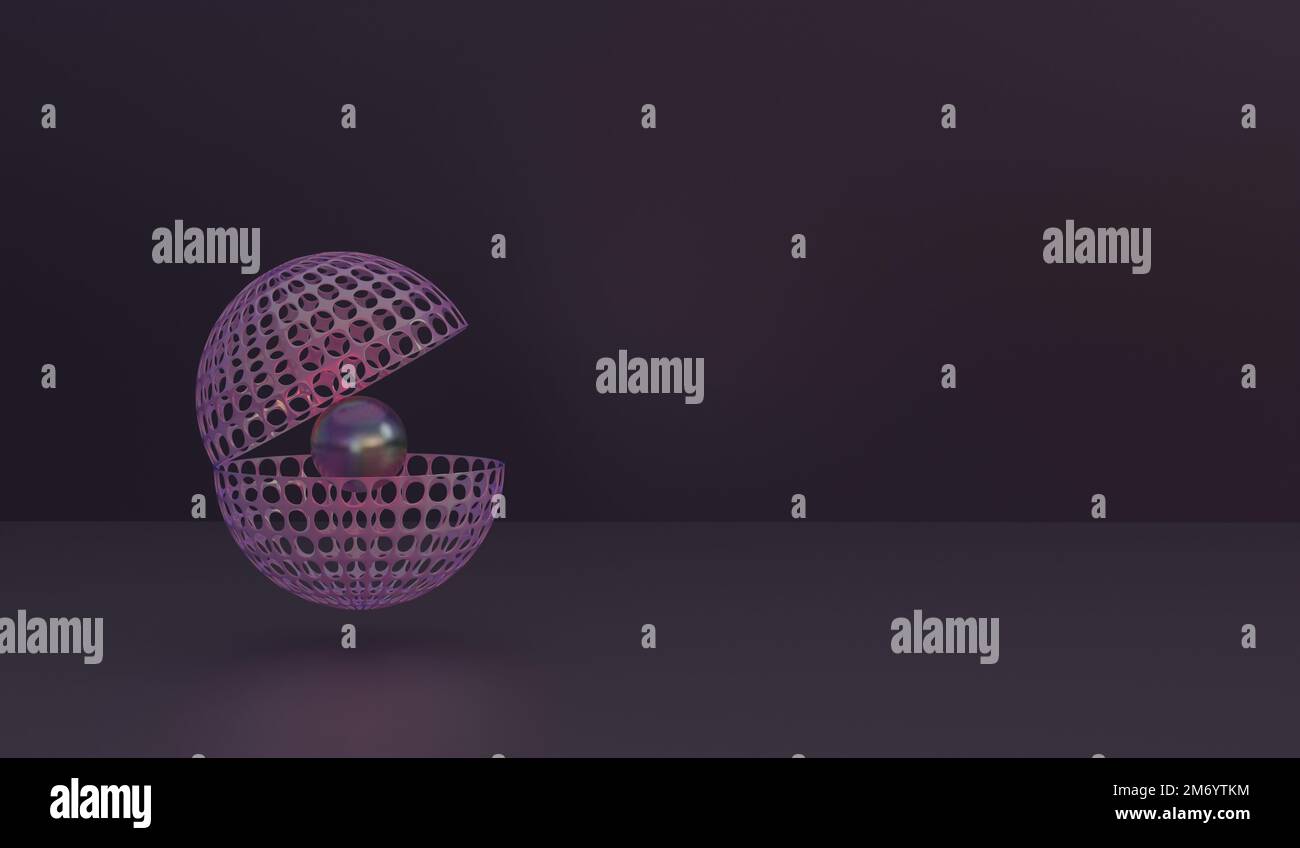 3d illustration of an abstract scene, a metallic sphere in a bigger ...