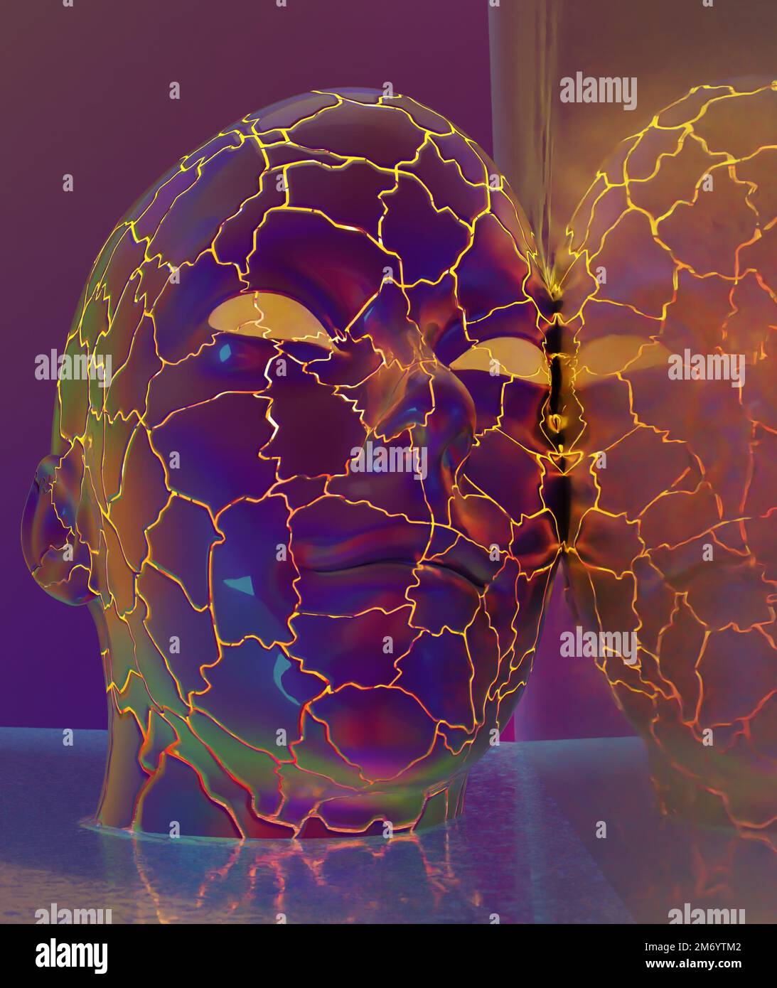 Abstract 3d rendering of cracked human head leaning on reflective ...