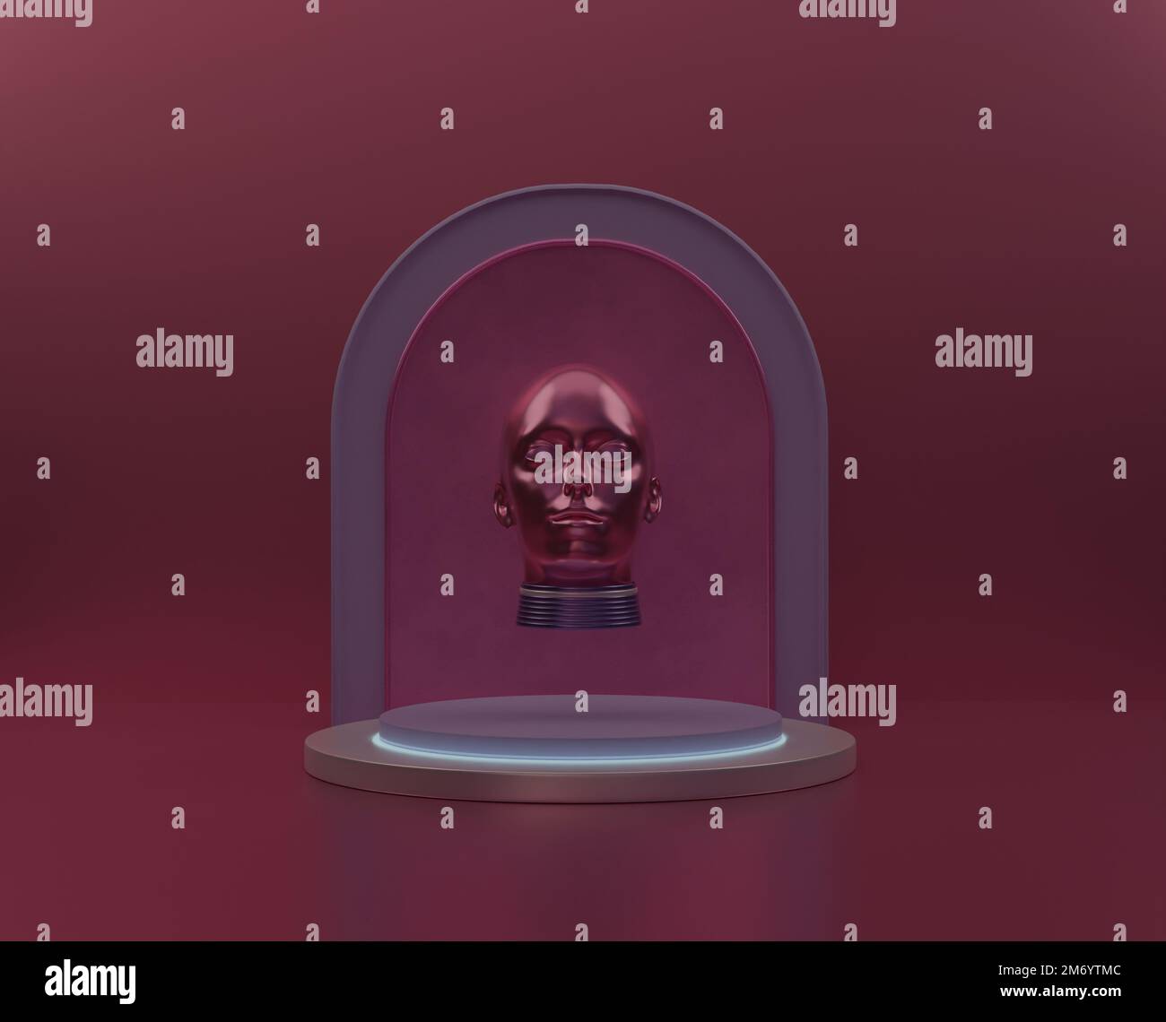 3d rendering. metallic, magenta human head over cylinder podiums Stock ...