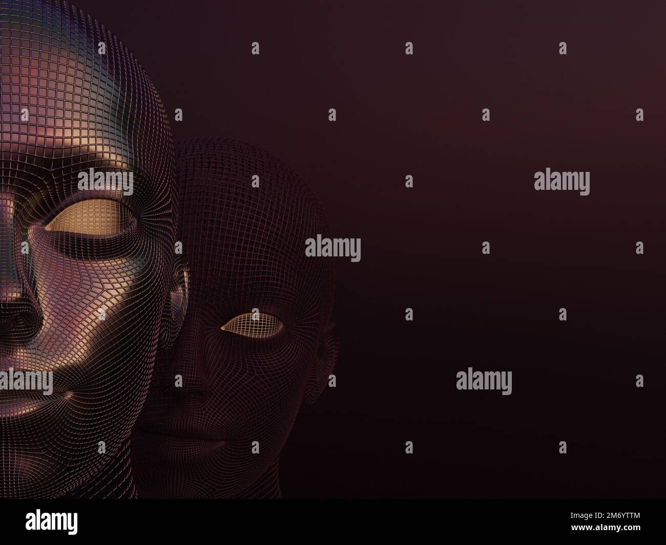 Abstract illustration of metallic human faces on a dark background ...