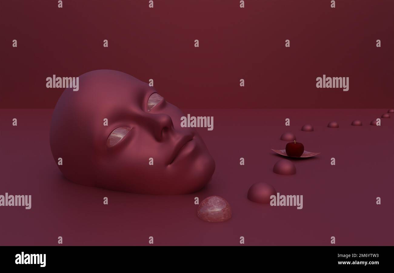 Abstract 3d render illustration of а human face surrounded by spheres ...