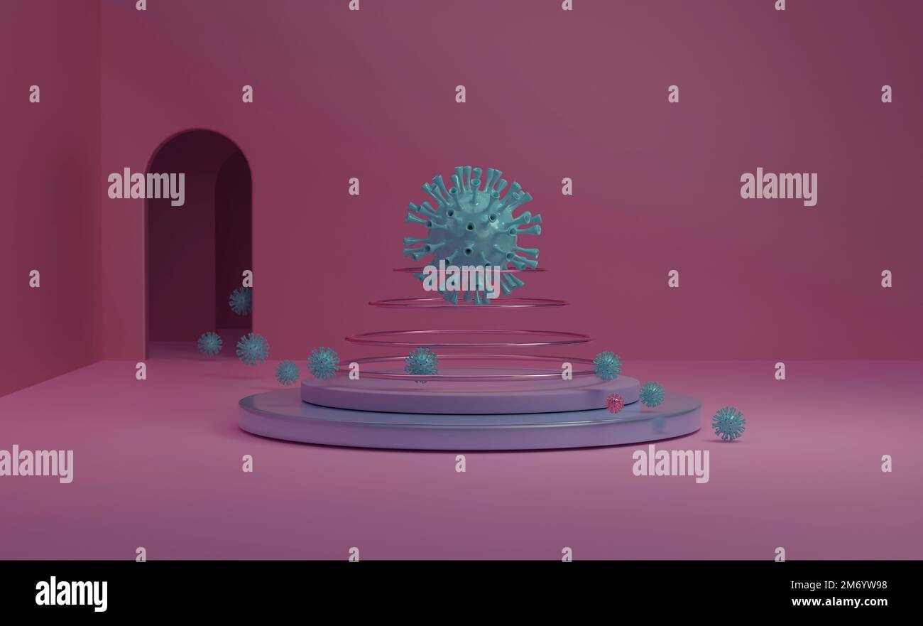 Abstract scene of a mother virus above a podium, surrounded by baby ...