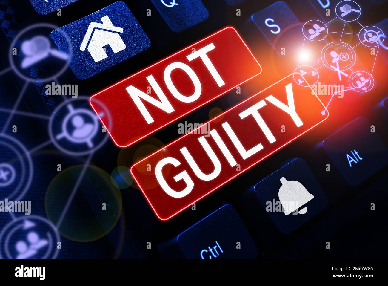 Text caption presenting Not Guilty. Business idea someone is innocent ...