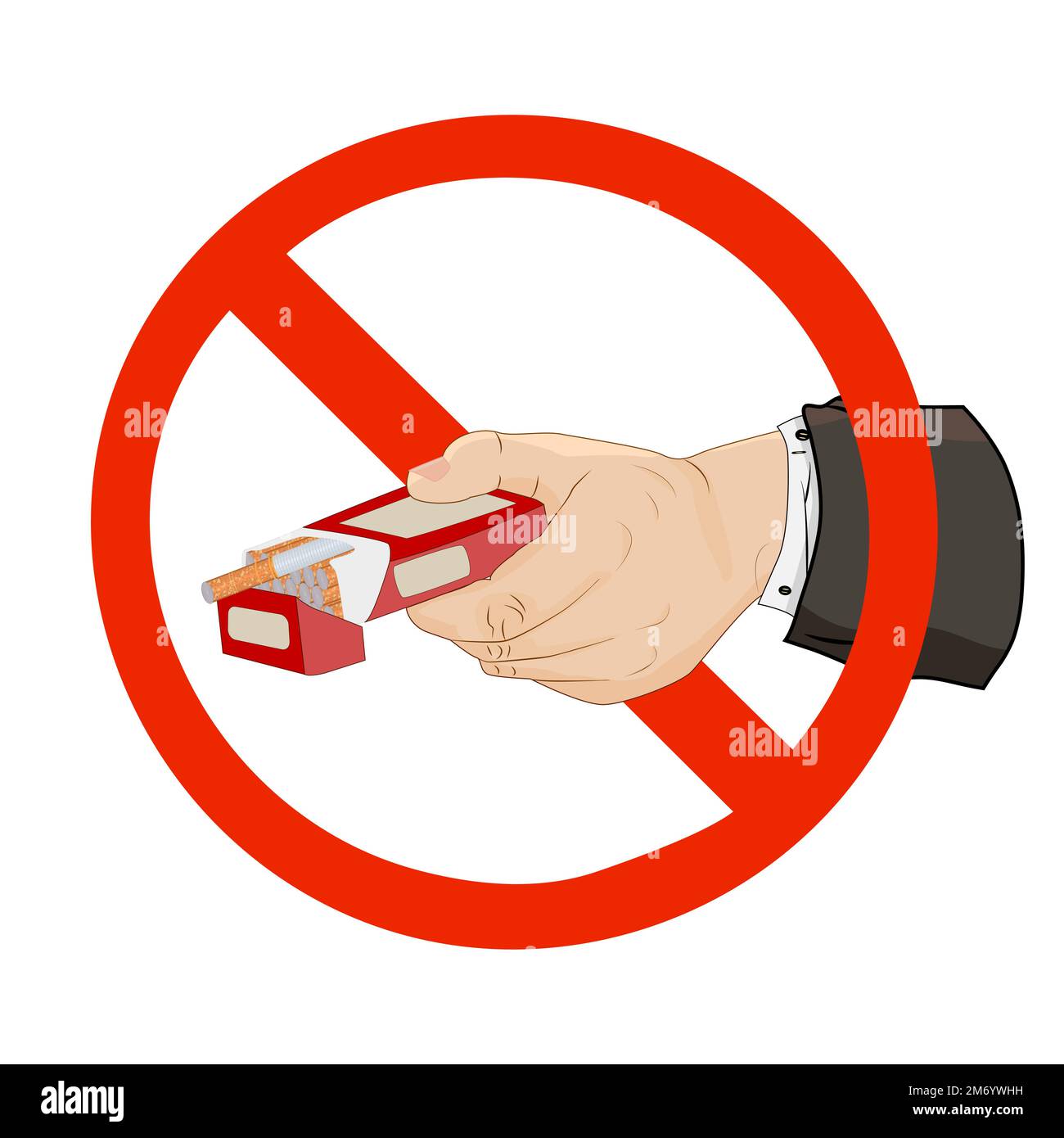 Hand with box of cigarette in red ban sign.No smoking, anti tobacco ...
