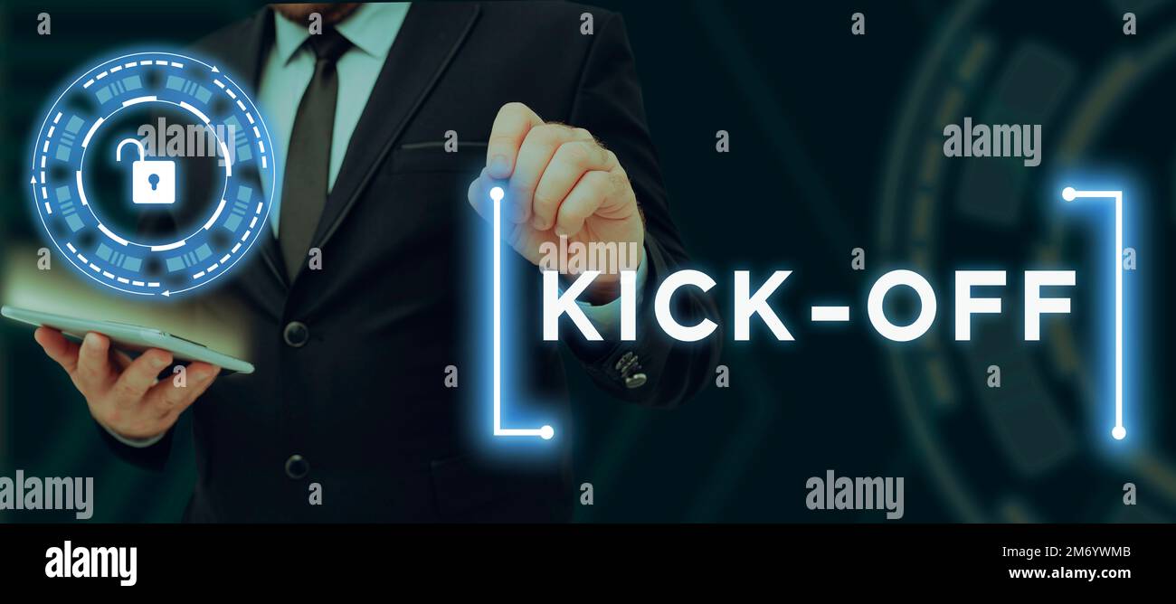 Conceptual display Kick Off. Word Written on start or resumption of ...