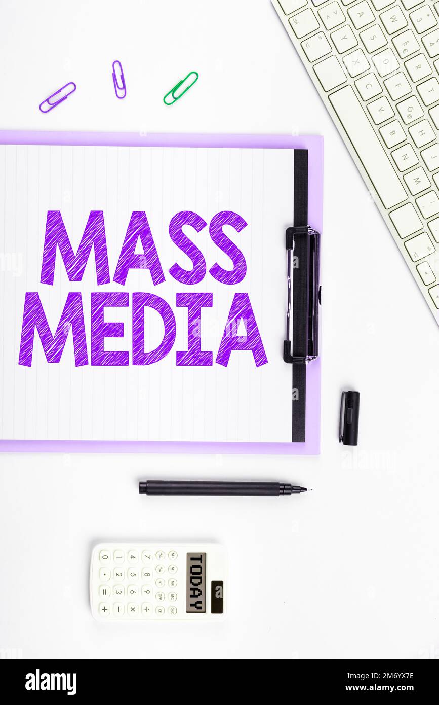 Sign displaying Mass Media. Word Written on Group people making news to ...