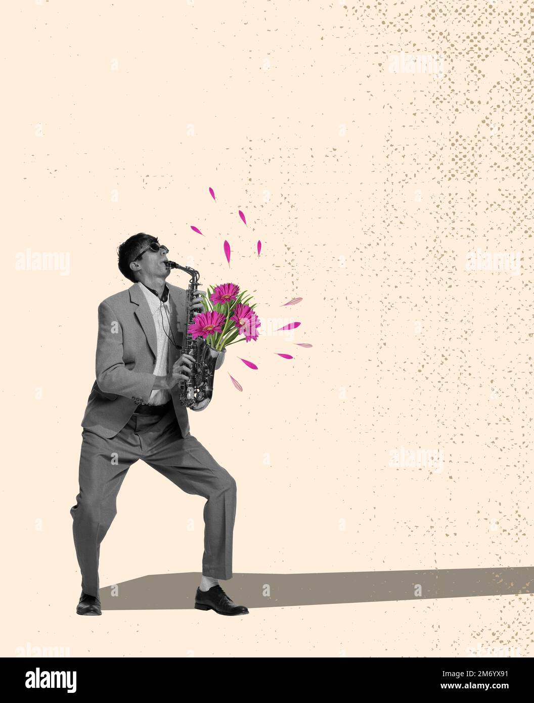 Floral melody. Emotional male musician playing saxophone with sticking ...