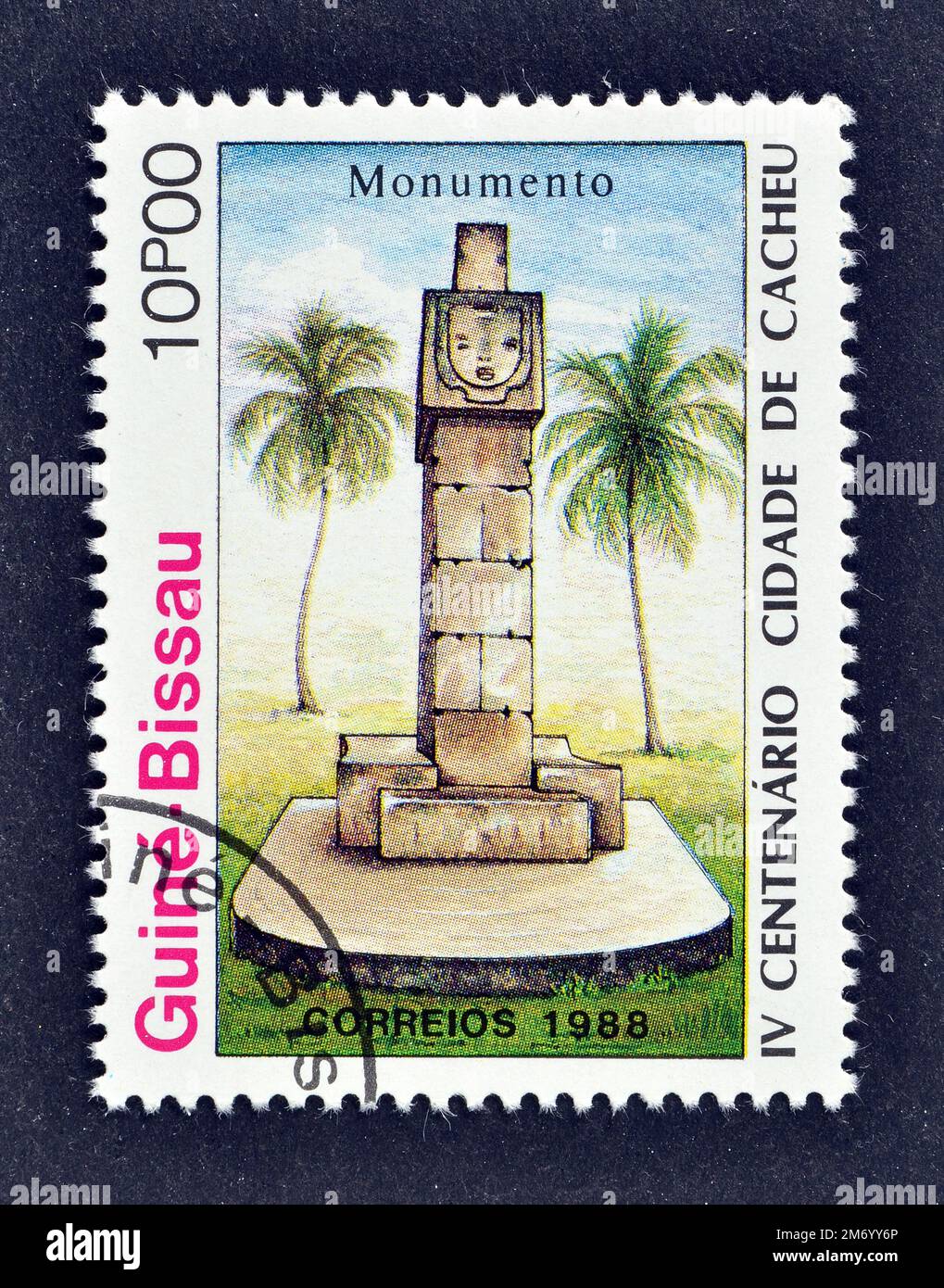 Cancelled postage stamp printed by Guinea Bissau, that shows Monument ...