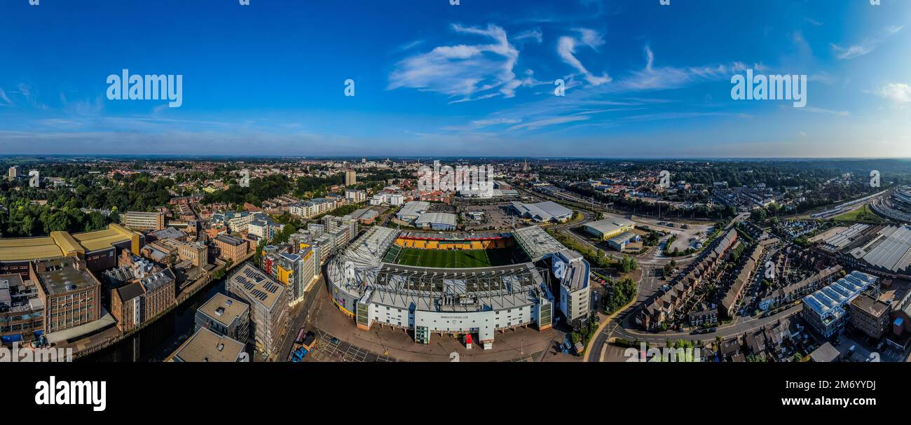 An aerial panoramic shot of the cityscape of Norwich and Carrow Road ...