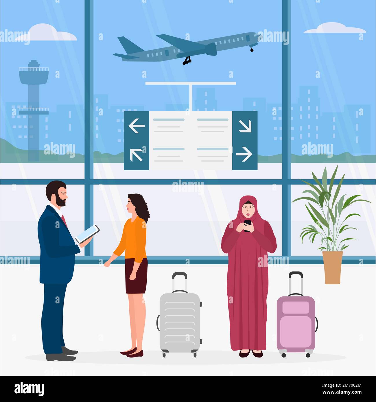 Vector illustration Airport. Muslim woman use cell phone with suitcase, girl talks to an ...