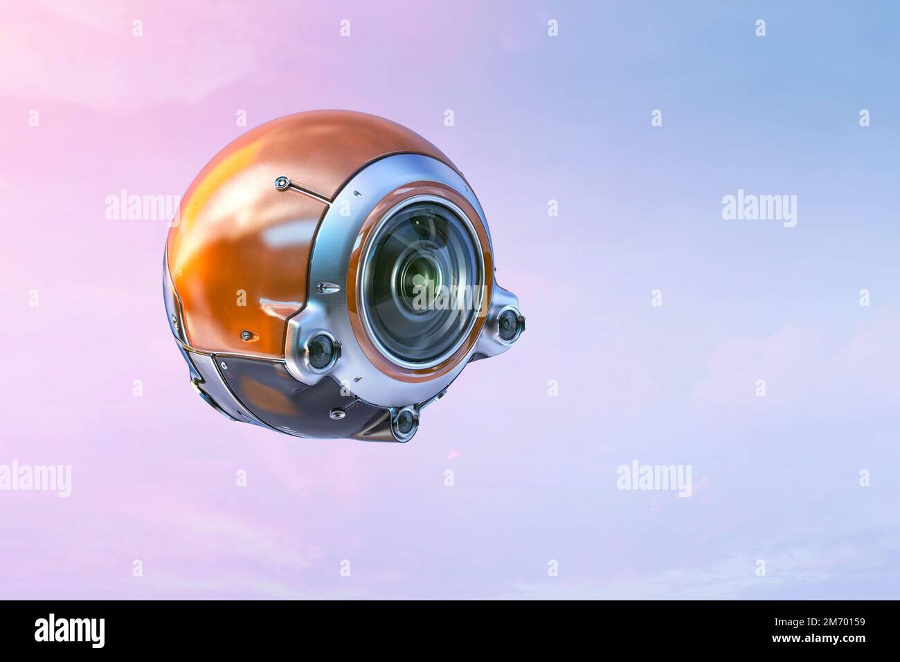 Robot spy bot orange drone with camera, flying, photographing, filming ...