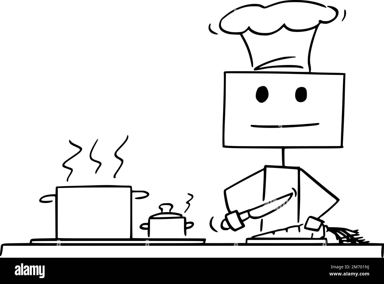 Robot Chef or Cook Cooking in Kitchen , Vector Cartoon Stick Figure ...