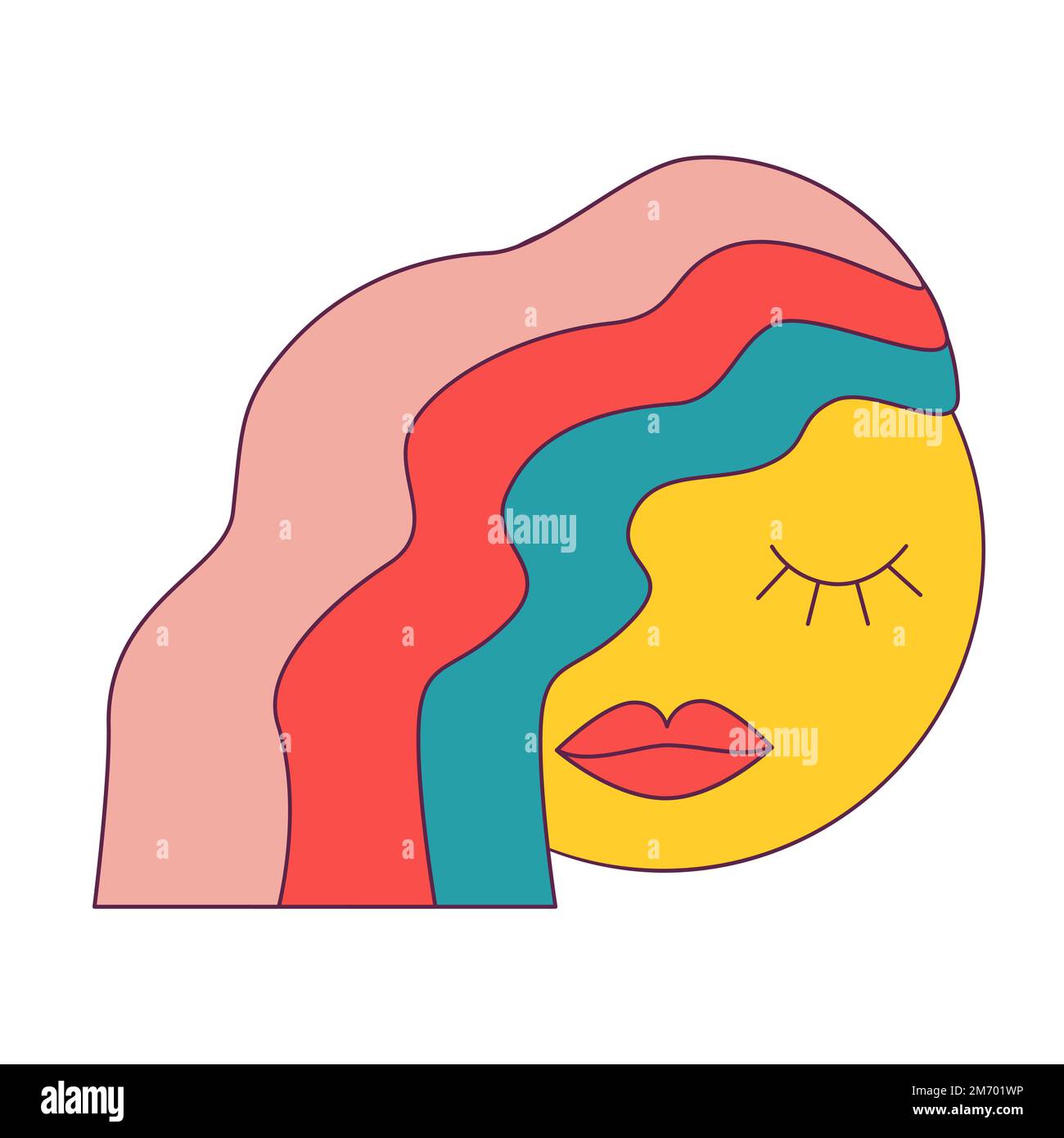 y2k smile girl face with rainbow hair. Groovy unreal retro head with ...