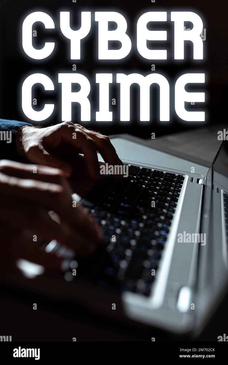 Hand writing sign Cyber Crime. Conceptual photo kind of criminal ...