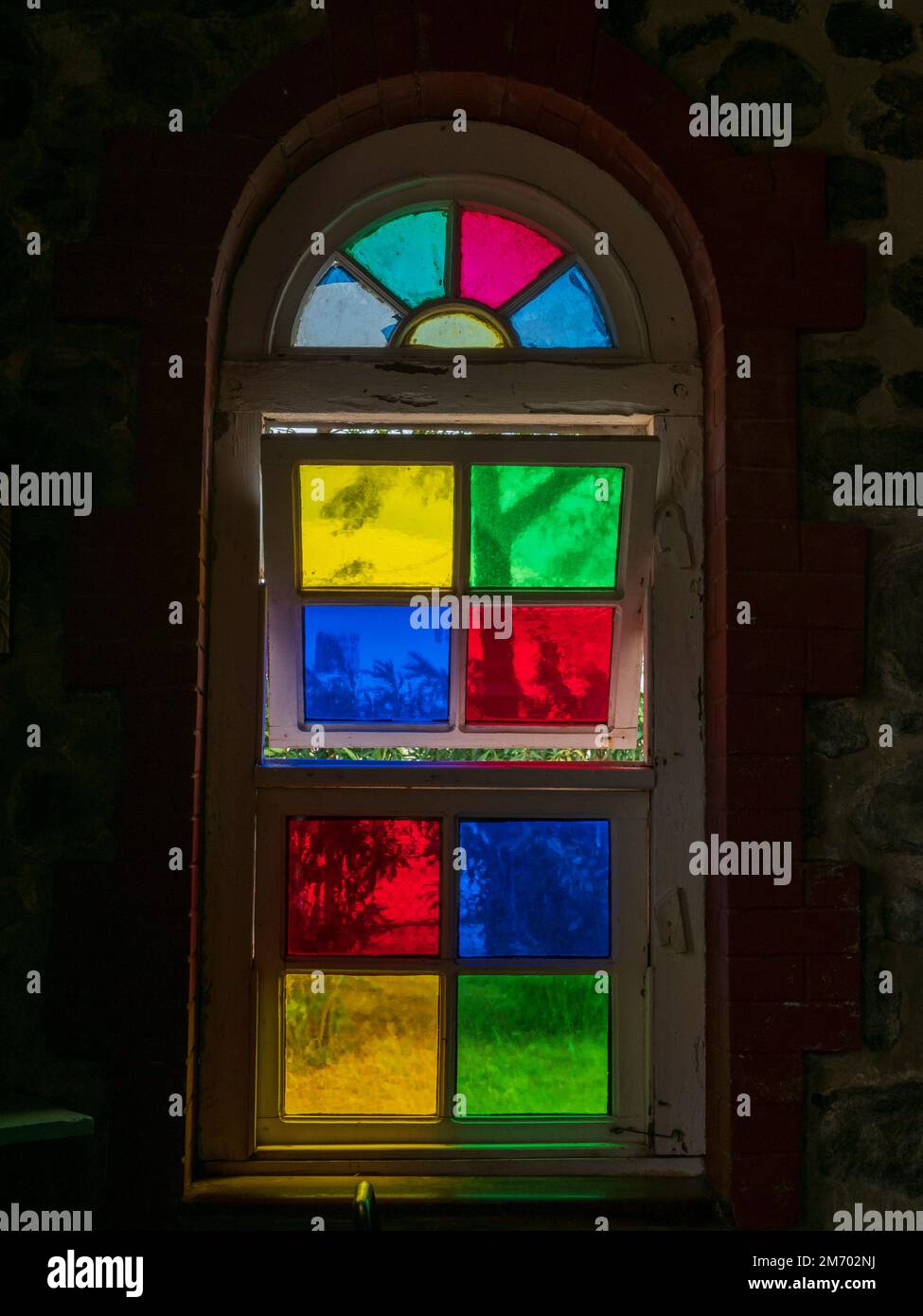 Mayreau, Grenadines, Caribbean island. The Catholic Church. Window ...