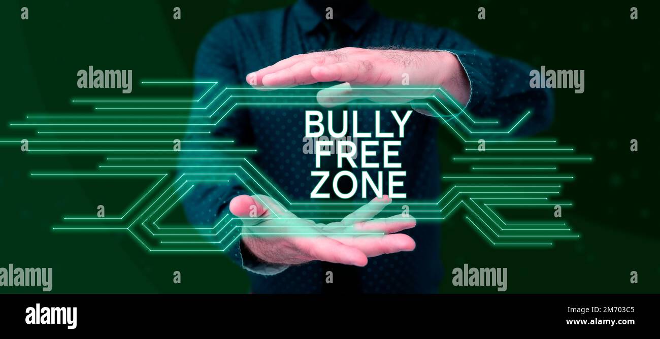 Hand writing sign Bully Free Zone. Business idea Be respectful to other ...