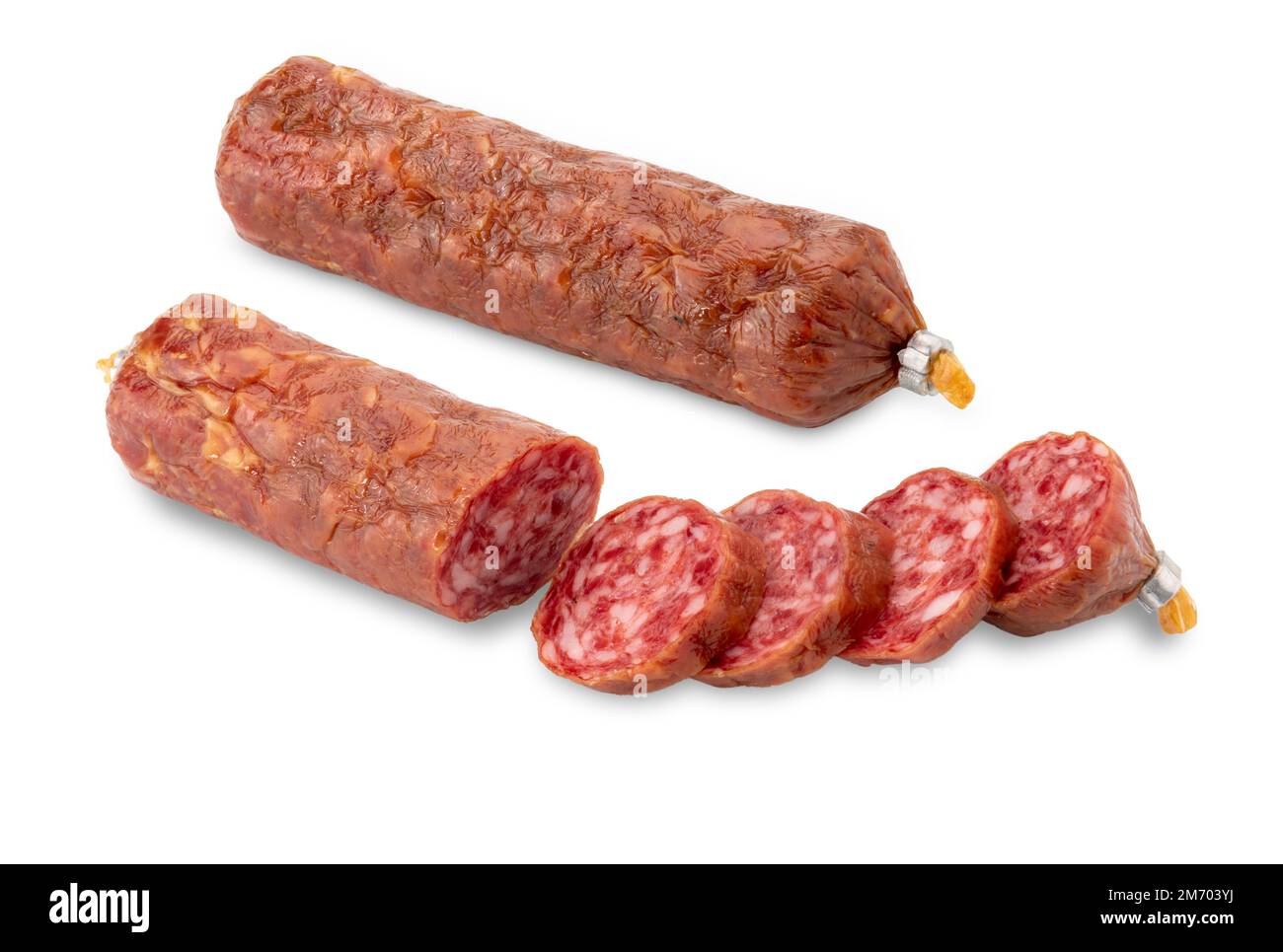 Salami sausage whole with Sliced salami isolated on white with clipping path included, copy ...