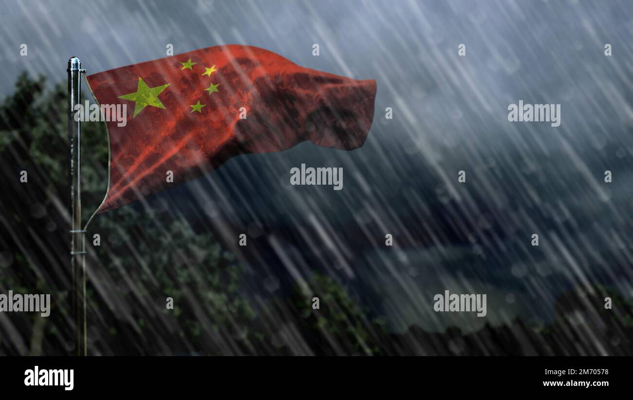 flag of China with rain and dark clouds, hurricane forecast symbol ...