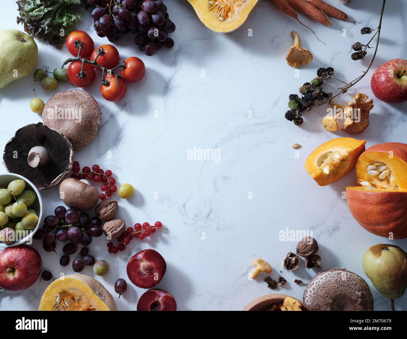 Healthy vegetarian seasonal food. Flat-lay of autumn vegetables, fruits ...