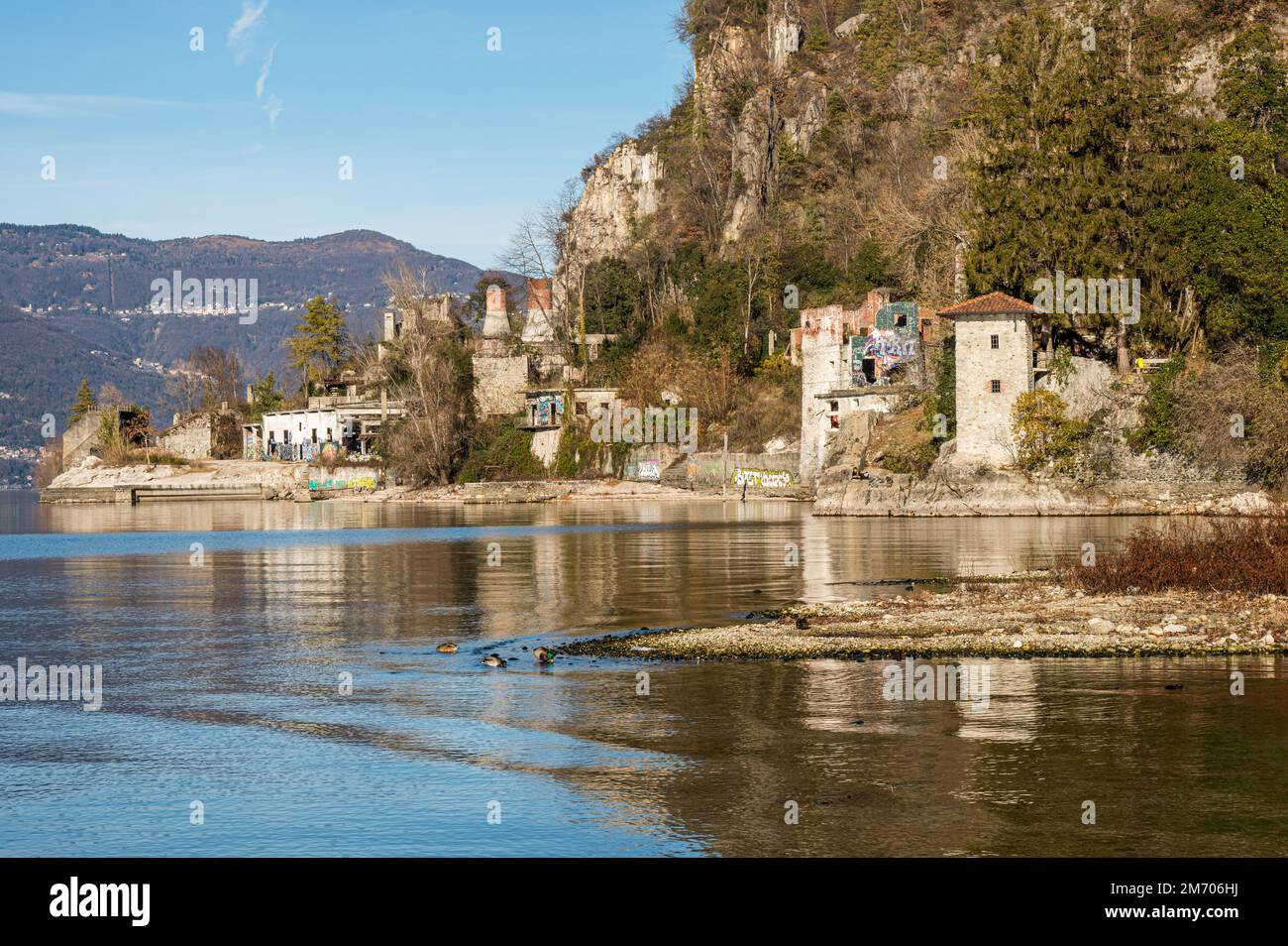 Castelveccana, Italy- 12-27-2022: Old ruined furnaces with chimneys ...