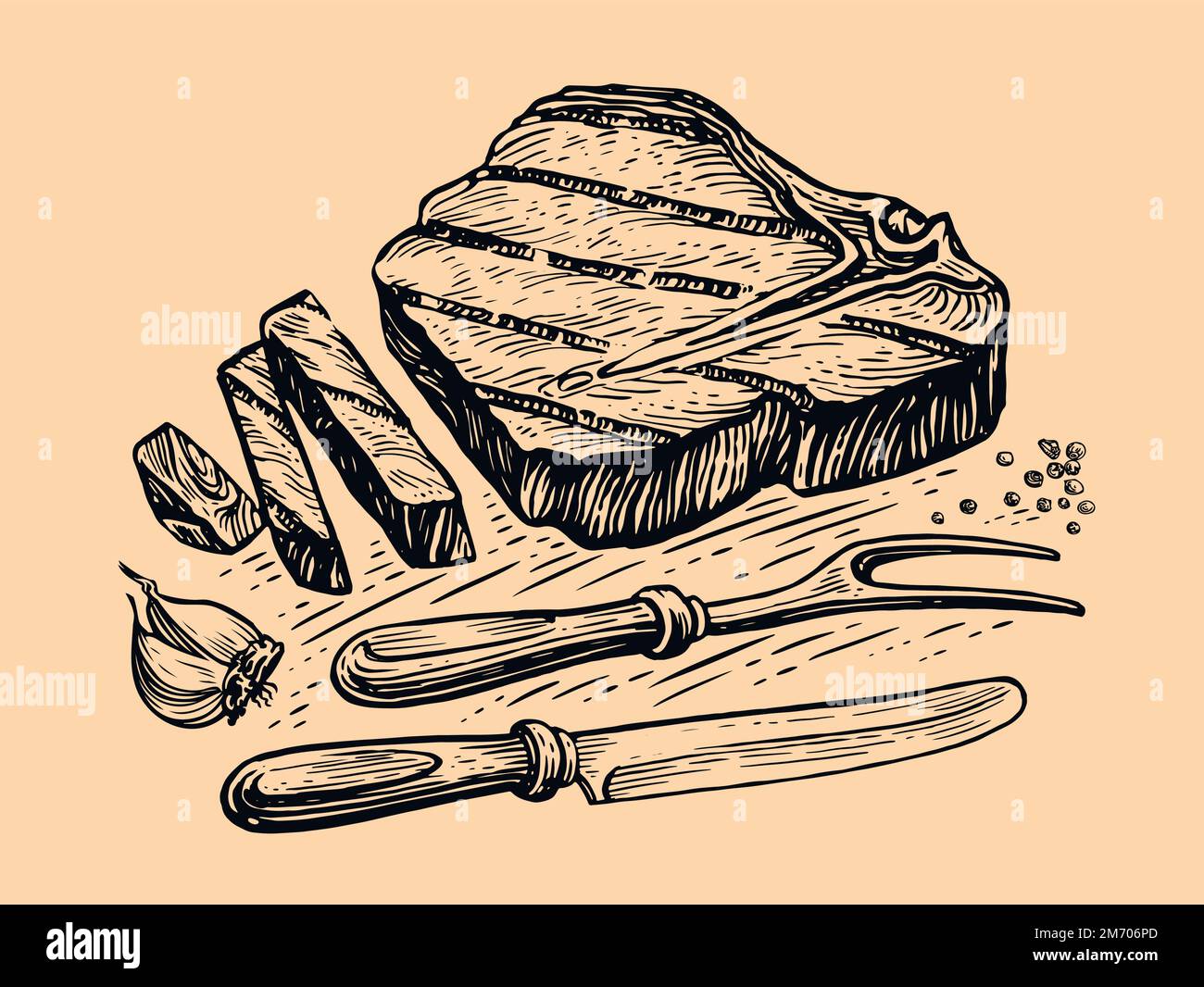 Grilled beef veal steak, knife and fork. Cooking food, barbecue, grill ...